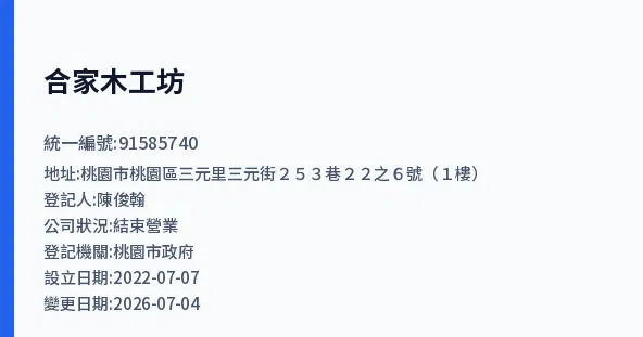 合家木工坊的照片-統編 91585740(桃園市) 公司登記資料與營業項目詳細圖表
