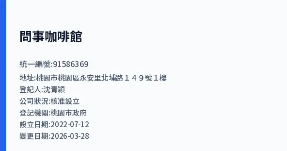 問事咖啡館的照片-統編 91586369(桃園市) 公司登記資料與營業項目詳細圖表