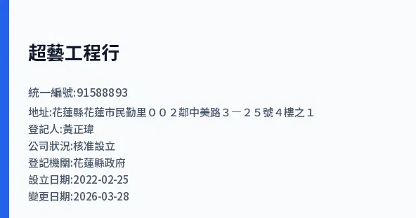 超藝工程行的照片-統編 91588893(花蓮縣) 公司登記資料與營業項目詳細圖表