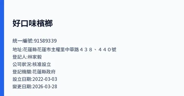 好口味檳榔的照片-統編 91589339(花蓮縣) 公司登記資料與營業項目詳細圖表