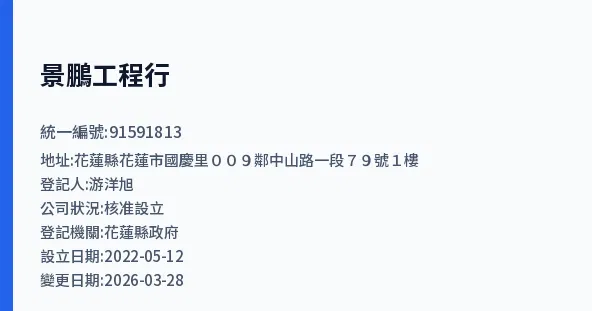 景鵬工程行的照片-統編 91591813(花蓮縣) 公司登記資料與營業項目詳細圖表