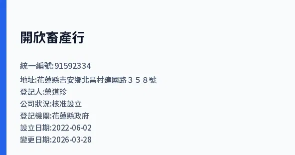 開欣畜產行的照片-統編 91592334(花蓮縣) 公司登記資料與營業項目詳細圖表