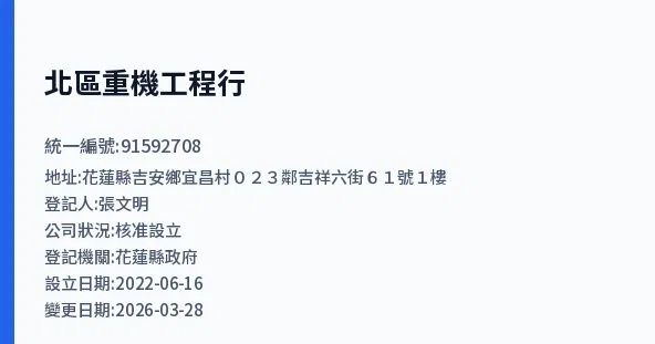 北區重機工程行的照片-統編 91592708(花蓮縣) 公司登記資料與營業項目詳細圖表