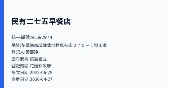 民有二七五早餐店的照片-統編 91592974(花蓮縣) 公司登記資料與營業項目詳細圖表