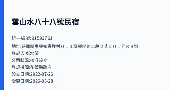 雲山水八十八號民宿的照片-統編 91593761(花蓮縣) 公司登記資料與營業項目詳細圖表