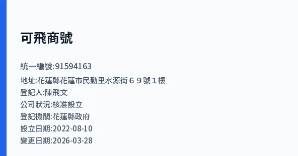 可飛商號的照片-統編 91594163(花蓮縣) 公司登記資料與營業項目詳細圖表