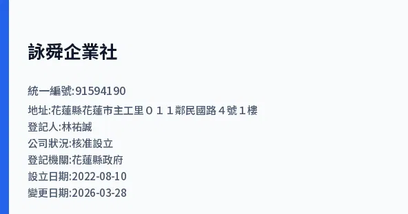 詠舜企業社的照片-統編 91594190(花蓮縣) 公司登記資料與營業項目詳細圖表