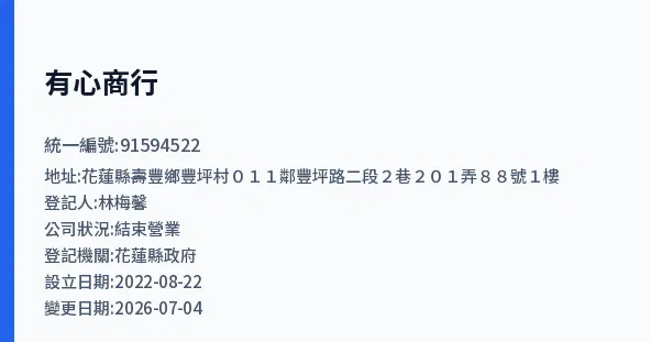 有心商行的照片-統編 91594522(花蓮縣) 公司登記資料與營業項目詳細圖表
