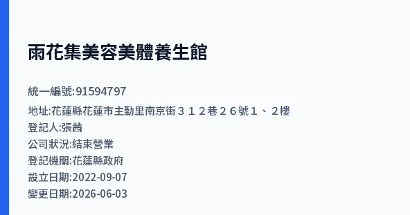 雨花集美容美體養生館的照片-統編 91594797(花蓮縣) 公司登記資料與營業項目詳細圖表
