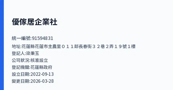 優傢居企業社的照片-統編 91594831(花蓮縣) 公司登記資料與營業項目詳細圖表