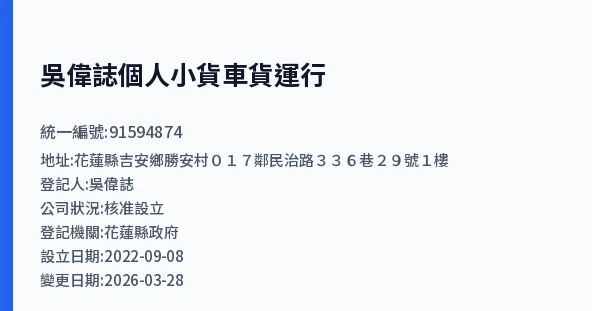 吳偉誌個人小貨車貨運行的照片-統編 91594874(花蓮縣) 公司登記資料與營業項目詳細圖表