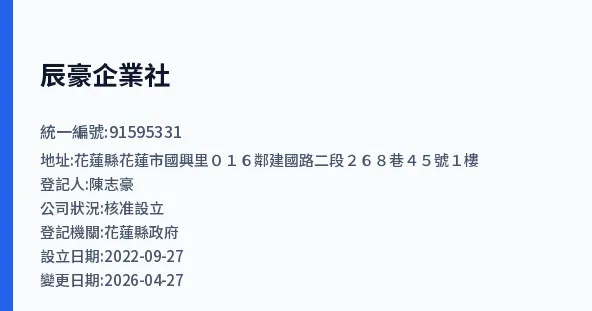 辰豪企業社的照片-統編 91595331(花蓮縣) 公司登記資料與營業項目詳細圖表