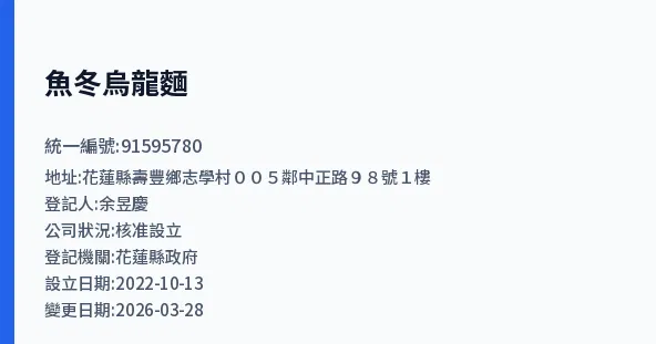 魚冬烏龍麵的照片-統編 91595780(花蓮縣) 公司登記資料與營業項目詳細圖表