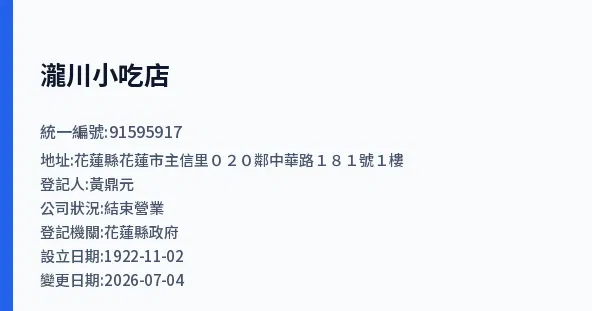 瀧川小吃店的照片-統編 91595917(花蓮縣) 公司登記資料與營業項目詳細圖表