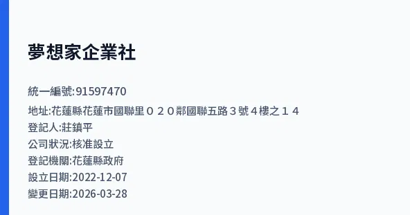 夢想家企業社的照片-統編 91597470(花蓮縣) 公司登記資料與營業項目詳細圖表