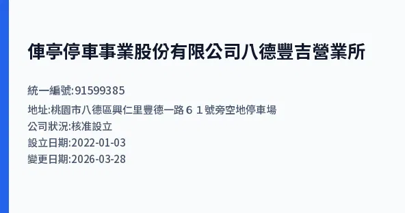俥亭停車事業股份有限公司八德豐吉營業所的照片-統編 91599385(桃園市) 公司登記資料與營業項目詳細圖表