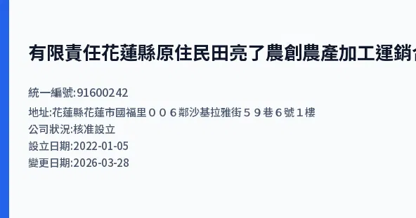 有限責任花蓮縣原住民田亮了農創農產加工運銷合作社的照片-統編 91600242(花蓮縣) 公司登記資料與營業項目詳細圖表