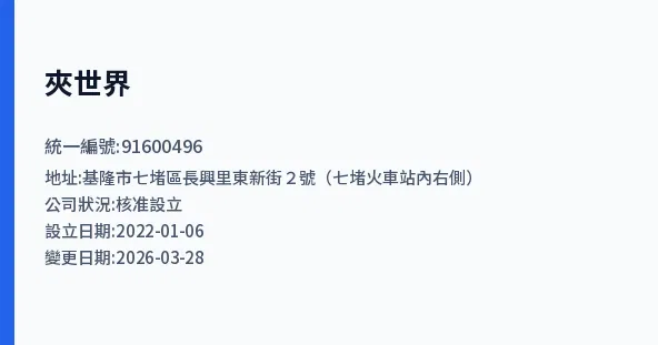 夾世界的照片-統編 91600496(基隆市) 公司登記資料與營業項目詳細圖表