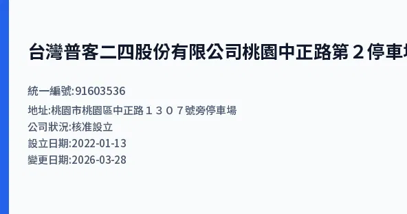 台灣普客二四股份有限公司桃園中正路第2停車場的照片-統編 91603536(桃園市) 公司登記資料與營業項目詳細圖表
