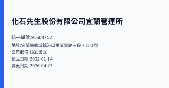 化石先生股份有限公司宜蘭營運所的照片-統編 91604752(宜蘭縣) 公司登記資料與營業項目詳細圖表