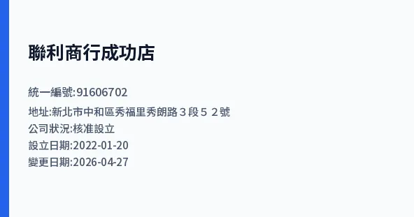 聯利商行成功店的照片-統編 91606702(新北市) 公司登記資料與營業項目詳細圖表