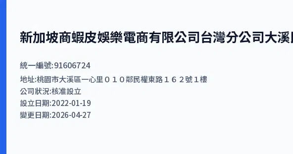 新加坡商蝦皮娛樂電商有限公司台灣分公司大溪民權營業所的照片-統編 91606724(桃園市) 公司登記資料與營業項目詳細圖表