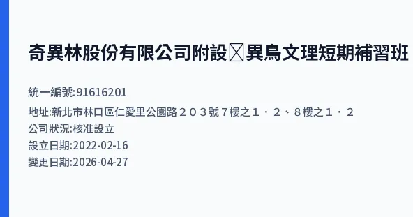 奇異林股份有限公司附設竒異鳥文理短期補習班的照片-統編 91616201(新北市) 公司登記資料與營業項目詳細圖表