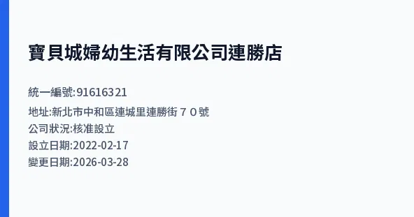 寶貝城婦幼生活有限公司連勝店的照片-統編 91616321(新北市) 公司登記資料與營業項目詳細圖表