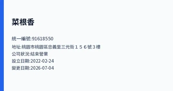 菜根香的照片-統編 91618550(桃園市) 公司登記資料與營業項目詳細圖表