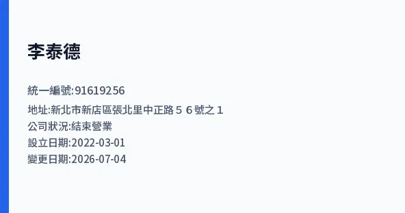 李泰德的照片-統編 91619256(新北市) 公司登記資料與營業項目詳細圖表