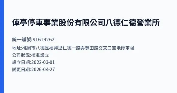 俥亭停車事業股份有限公司八德仁德營業所的照片-統編 91619262(桃園市) 公司登記資料與營業項目詳細圖表
