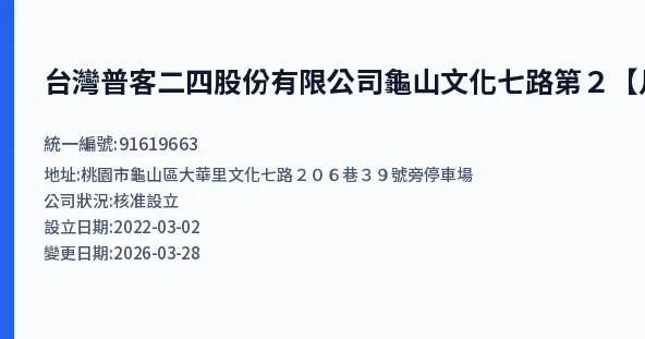 台灣普客二四股份有限公司龜山文化七路第2【月租】停車場的照片-統編 91619663(桃園市) 公司登記資料與營業項目詳細圖表