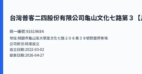 台灣普客二四股份有限公司龜山文化七路第3【月租】停車場的照片-統編 91619684(桃園市) 公司登記資料與營業項目詳細圖表