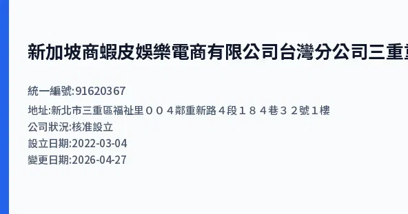 新加坡商蝦皮娛樂電商有限公司台灣分公司三重重新營業所的照片-統編 91620367(新北市) 公司登記資料與營業項目詳細圖表