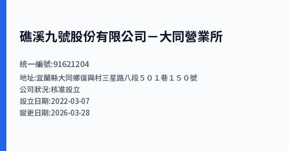 礁溪九號股份有限公司-大同營業所的照片-統編 91621204(宜蘭縣) 公司登記資料與營業項目詳細圖表