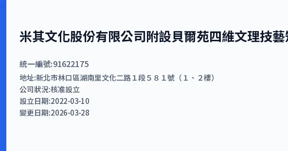 米其文化股份有限公司附設貝爾苑四維文理技藝短期補習班的照片-統編 91622175(新北市) 公司登記資料與營業項目詳細圖表