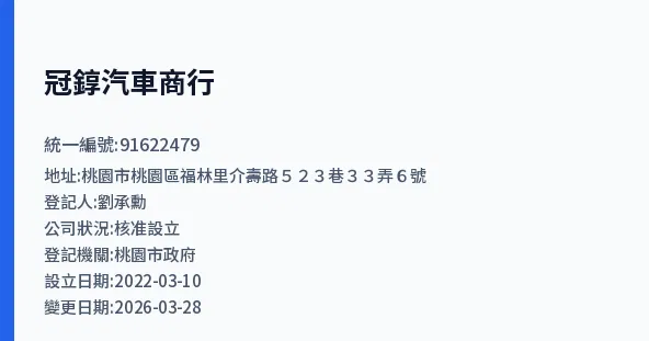 冠錞汽車商行的照片-統編 91622479(桃園市) 公司登記資料與營業項目詳細圖表