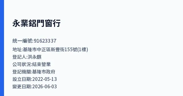 永業鋁門窗行的照片-統編 91623337(基隆市) 公司登記資料與營業項目詳細圖表