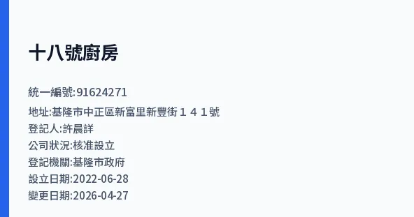 十八號廚房的照片-統編 91624271(基隆市) 公司登記資料與營業項目詳細圖表