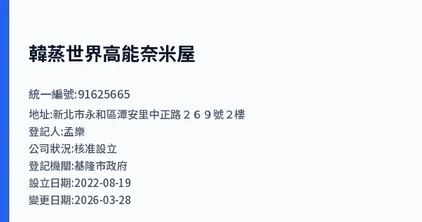 韓蒸世界高能奈米屋的照片-統編 91625665(新北市) 公司登記資料與營業項目詳細圖表