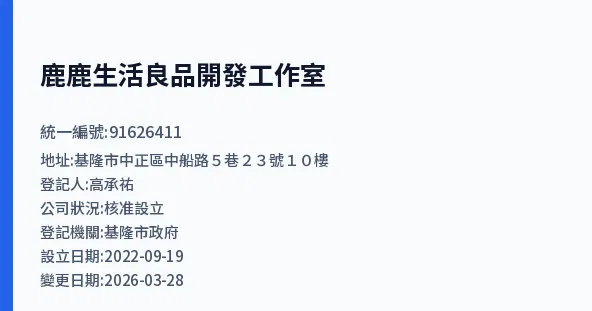 鹿鹿生活良品開發工作室的照片-統編 91626411(基隆市) 公司登記資料與營業項目詳細圖表