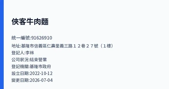 俠客牛肉麵的照片-統編 91626910(基隆市) 公司登記資料與營業項目詳細圖表