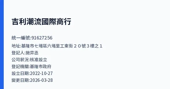 吉利潮流國際商行的照片-統編 91627256(基隆市) 公司登記資料與營業項目詳細圖表