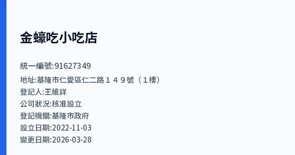 金蠔吃小吃店的照片-統編 91627349(基隆市) 公司登記資料與營業項目詳細圖表