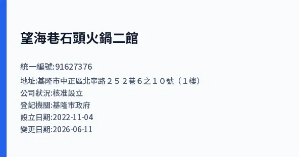 望海巷石頭火鍋二館的照片-統編 91627376(基隆市) 公司登記資料與營業項目詳細圖表