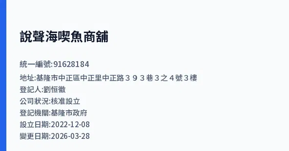 說聲海喫魚商舖的照片-統編 91628184(基隆市) 公司登記資料與營業項目詳細圖表
