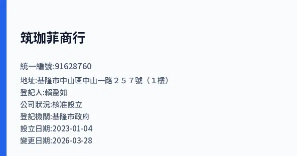 筑珈菲商行的照片-統編 91628760(基隆市) 公司登記資料與營業項目詳細圖表