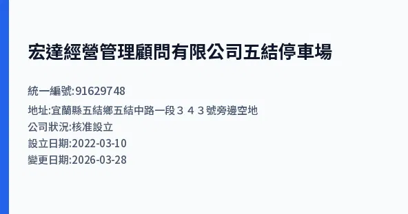 宏達經營管理顧問有限公司五結停車場的照片-統編 91629748(宜蘭縣) 公司登記資料與營業項目詳細圖表