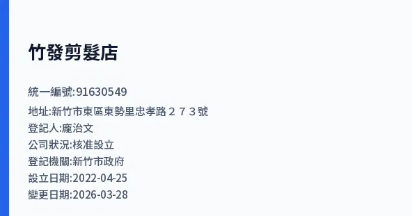竹發剪髮店的照片-統編 91630549(新竹市) 公司登記資料與營業項目詳細圖表