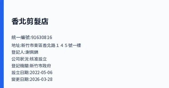 香北剪髮店的照片-統編 91630816(新竹市) 公司登記資料與營業項目詳細圖表